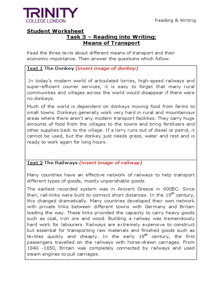 Student Worksheet Task 3 - Reading Into Writing: Means of Transport ...