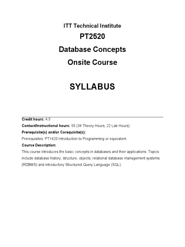 Syllabus: PT2520 Database Concepts Onsite Course | PDF | Relational ...