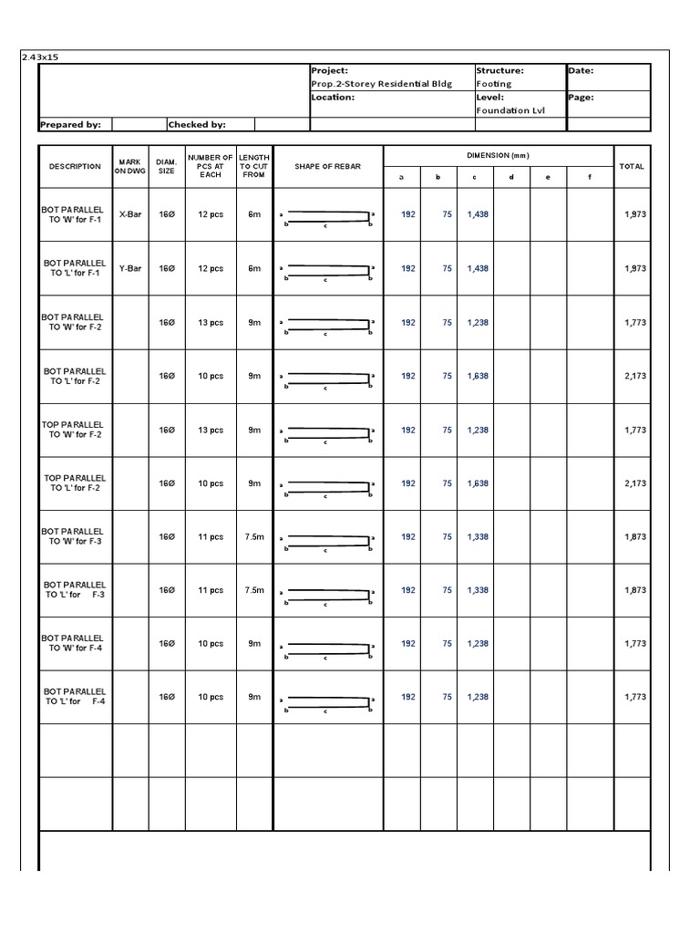 Project: Structure: Date: Location: Level: Prepared By: Checked by ...