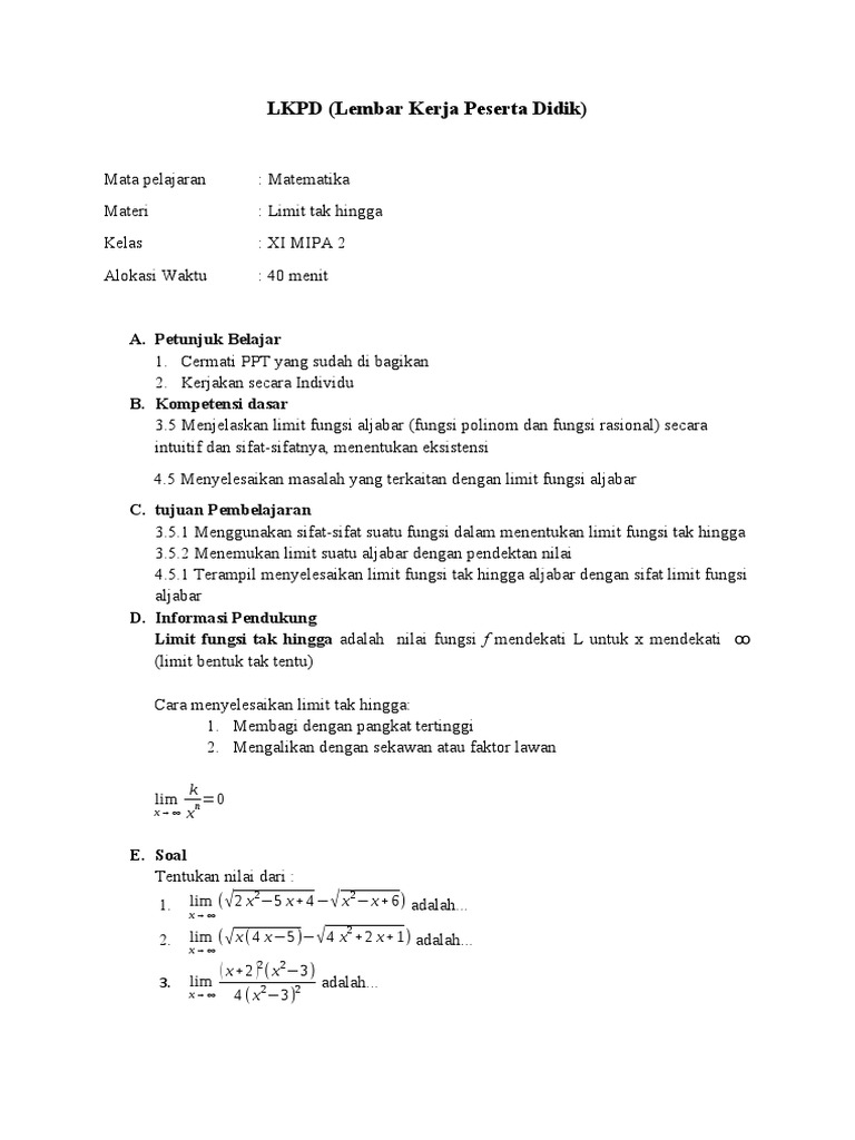 LKPD Limit Tak Hingga | PDF