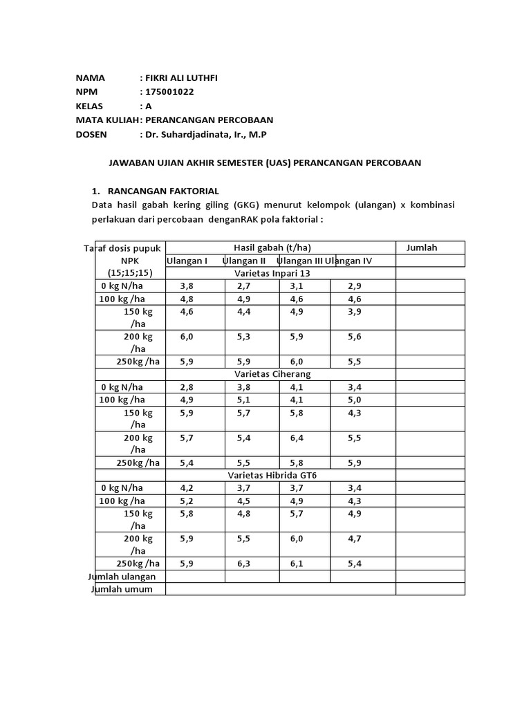 Contoh Soal Perancangan Percobaan Pertanian | PDF