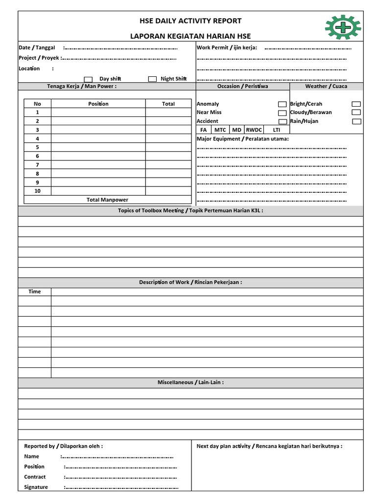 Hse Daily Activity Report Laporan Kegiatan Harian Hse | PDF