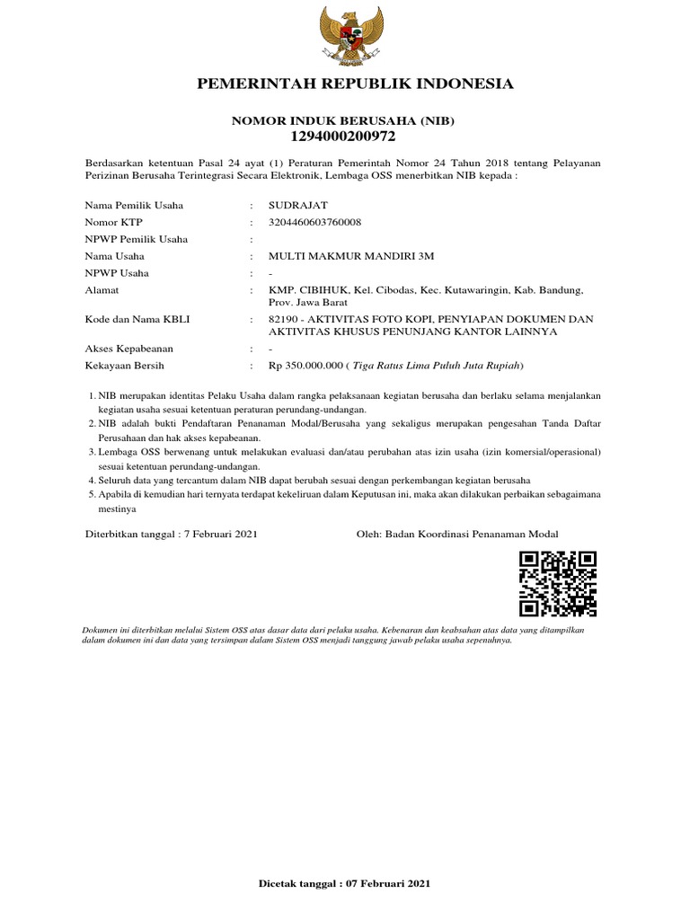 Pemerintah Republik Indonesia: Nomor Induk Berusaha (Nib) | PDF