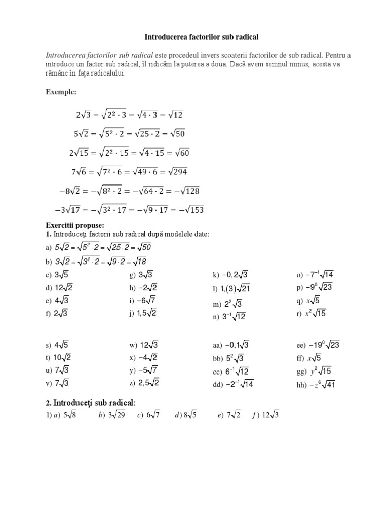 Introducerea Factorilor Sub Radical | PDF