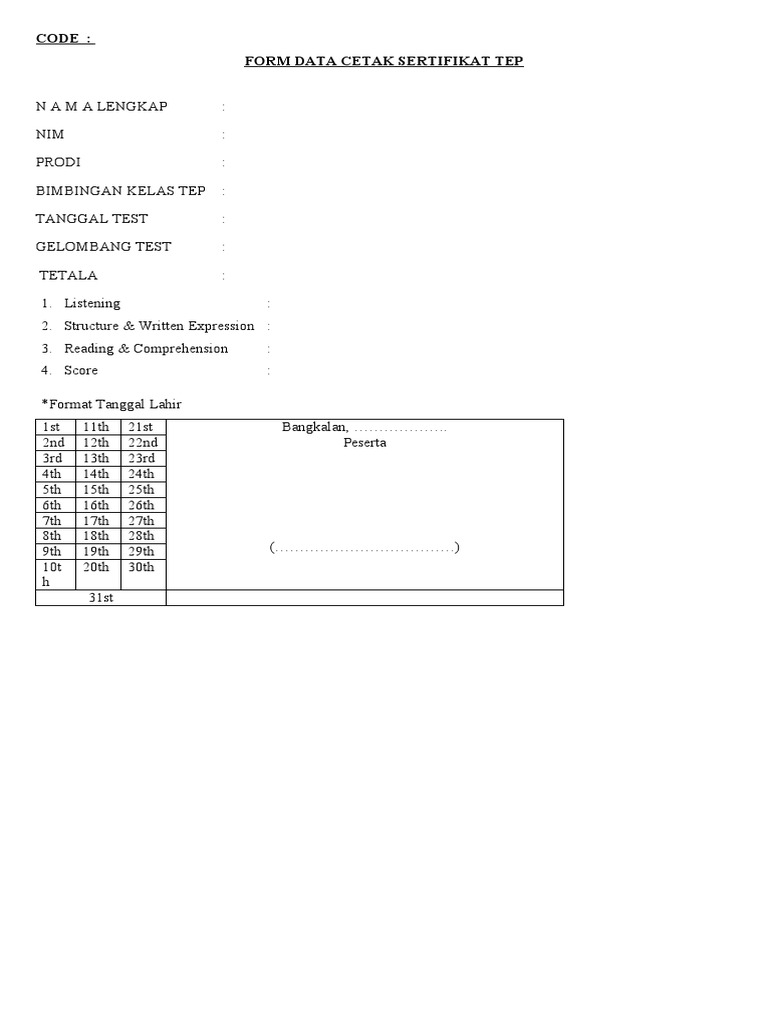Form Cetak Sertifikat Tep | PDF
