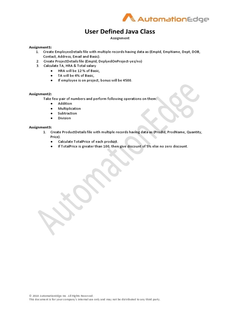 User Defined Java Class - Assignment For Practice | PDF