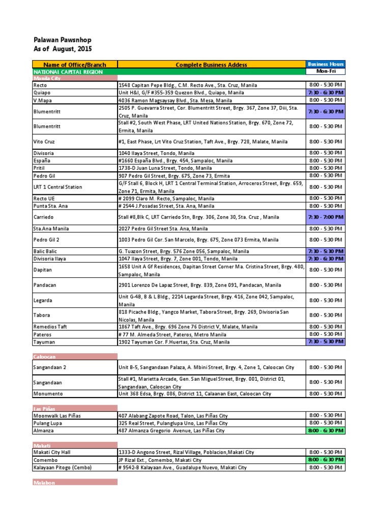 Palawan Pawnshop Branch Locations | PDF | Makati | Manila