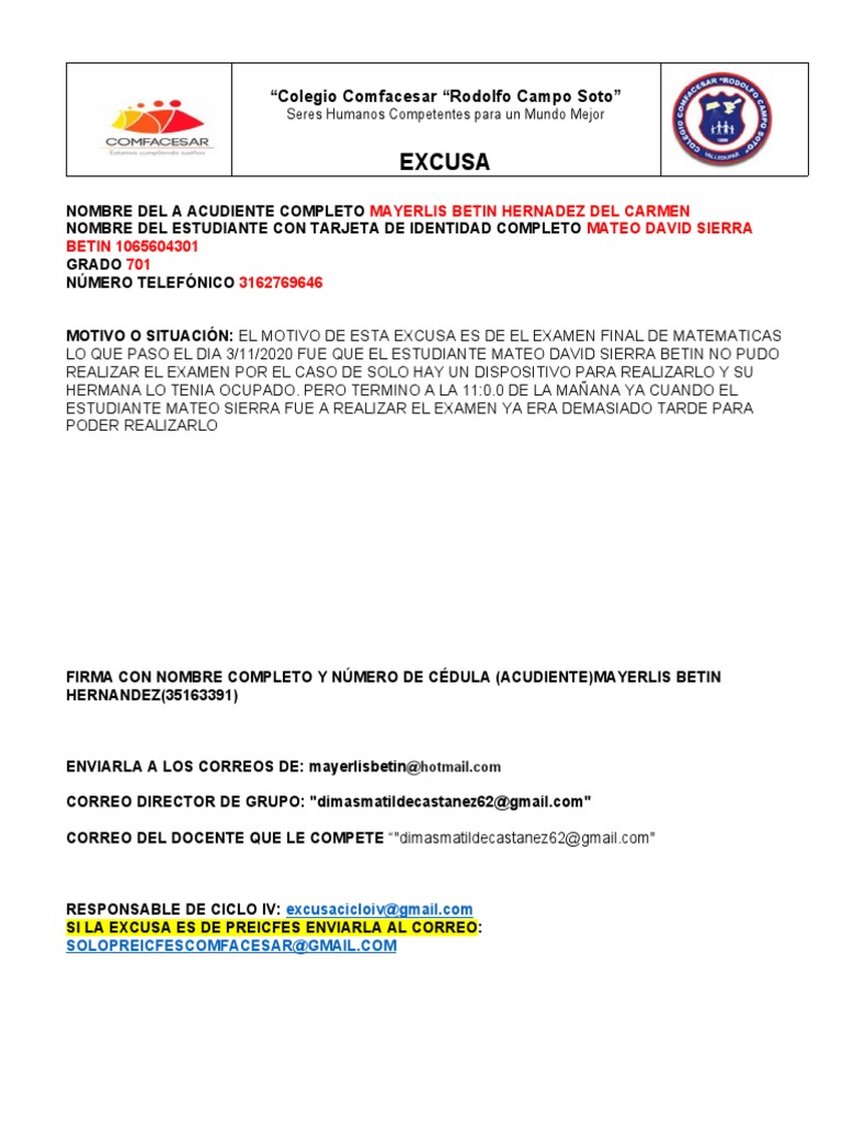 Formato de Excusas-2020 | PDF