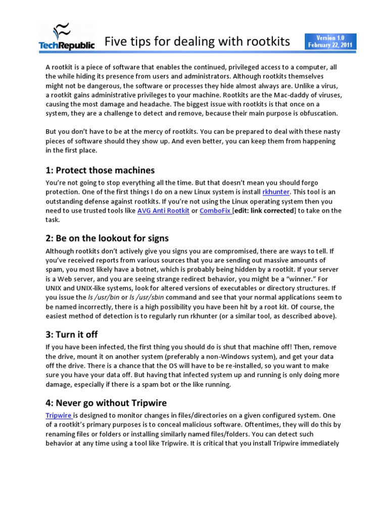 Five Tips Rootkits Pdf Computer Network Security Areas Of