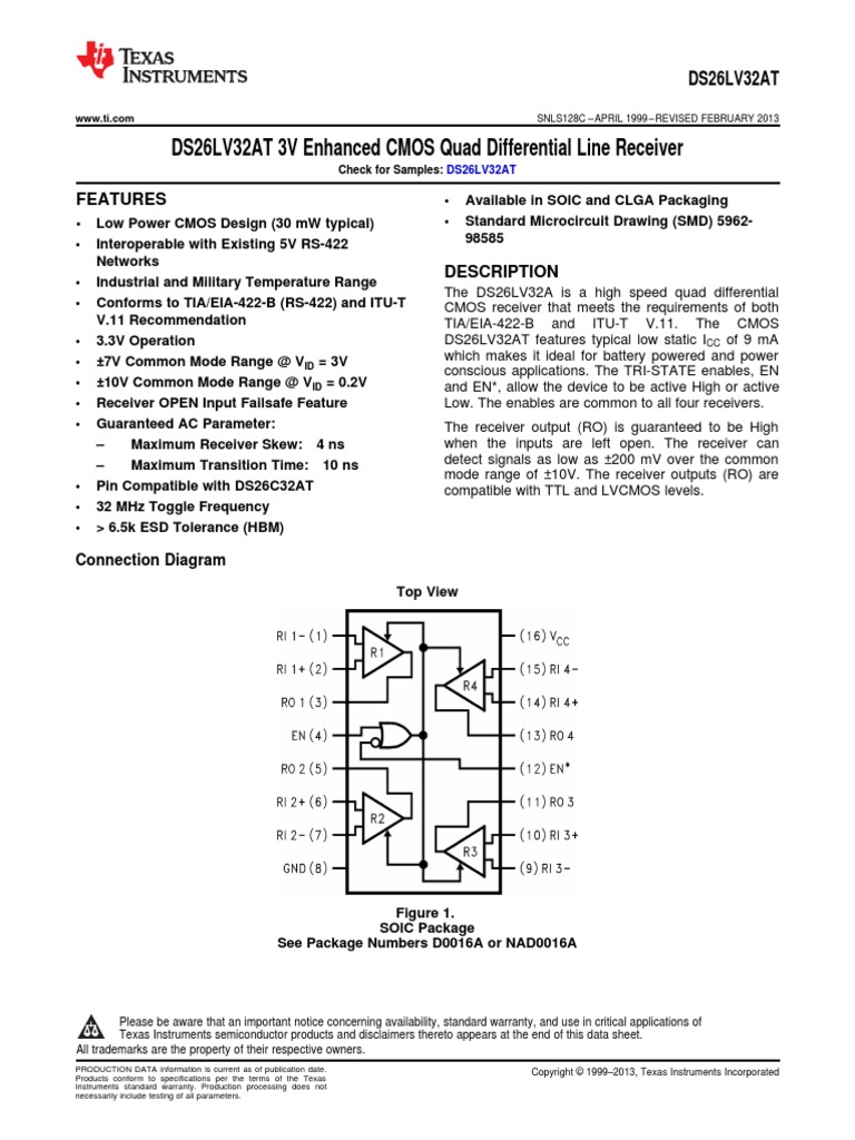 DS26LV32AT 3V Enhanced CMOS Quad Differential Line Receiver: Features ...