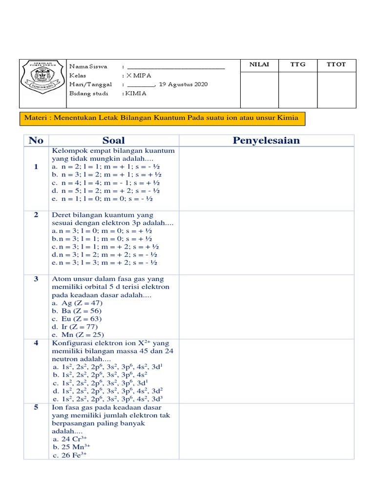 Latihan Soal Menentuka Bilangan Kuantum Pada Ion Dan Unsur Kimia - 19 ...