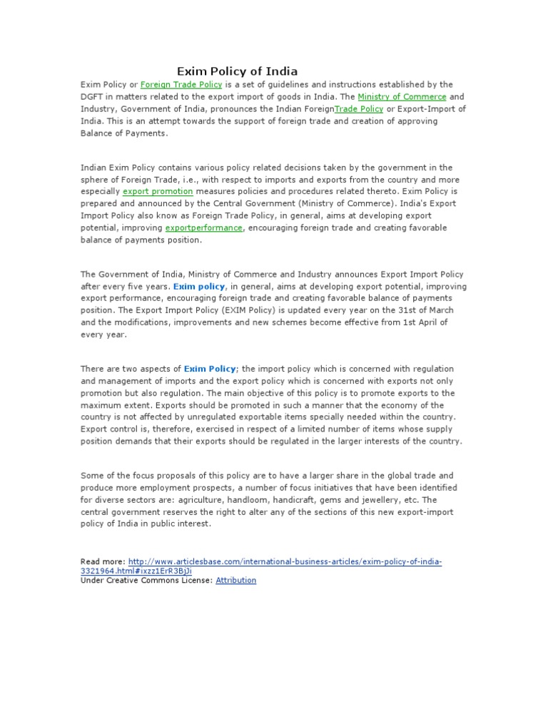 Exim Policy of India | PDF | Balance Of Payments | Policy