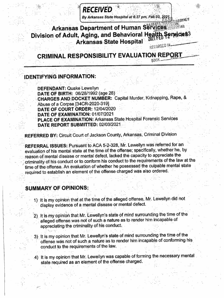 Quake Lewellyn - Crminal Responsibility Evaluation Report | PDF