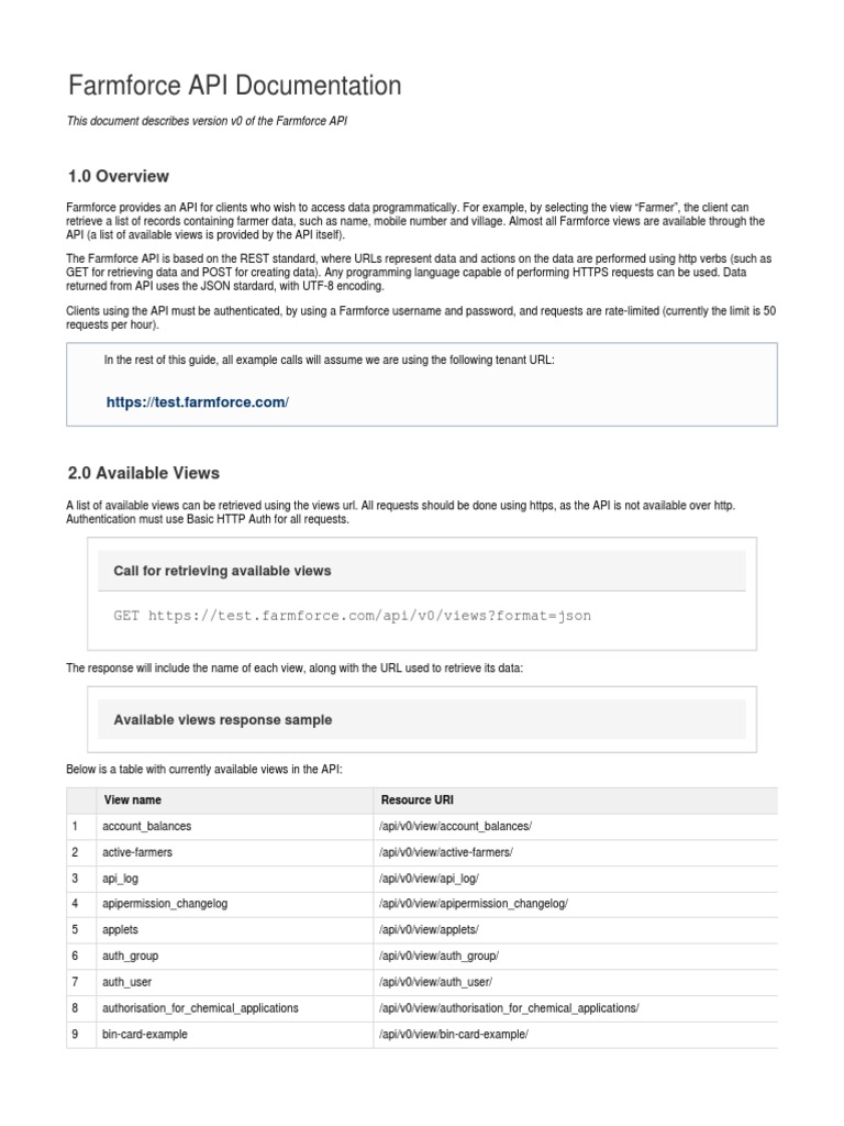 Farmforce API Documentation | PDF | Representational State Transfer | Hypertext Transfer Protocol