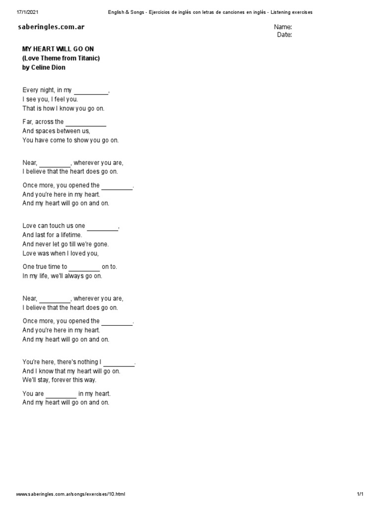 Ejercicios de Canciones en Inglés | PDF