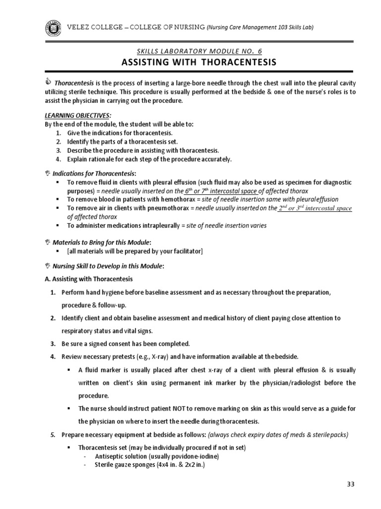 Assisting With Thoracentesis: Skills Laboratory Module No. 6 | PDF ...