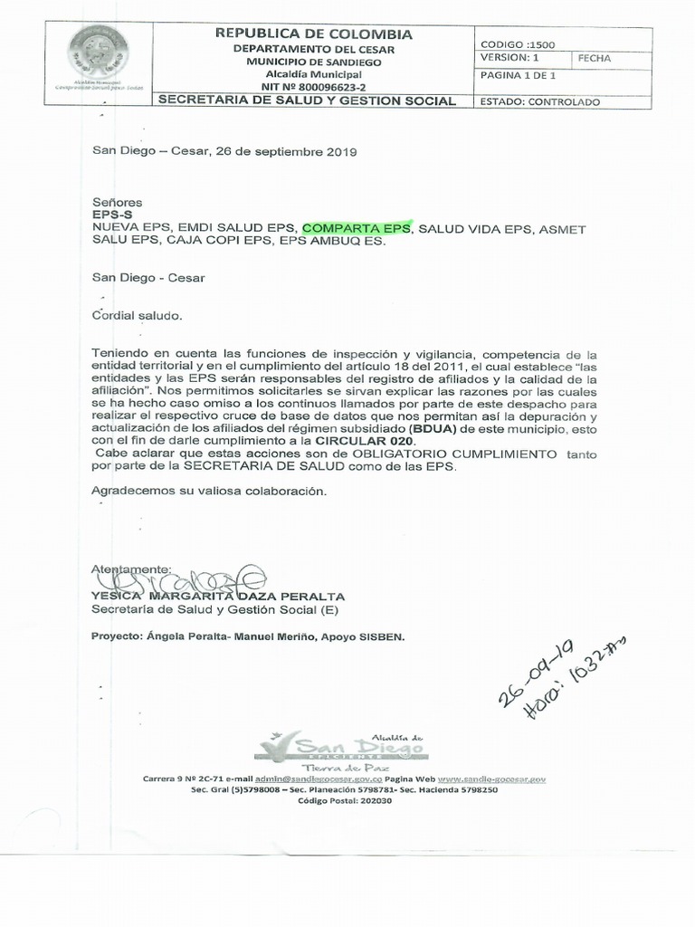 Recibi Oficio Secretaria de Salud | PDF