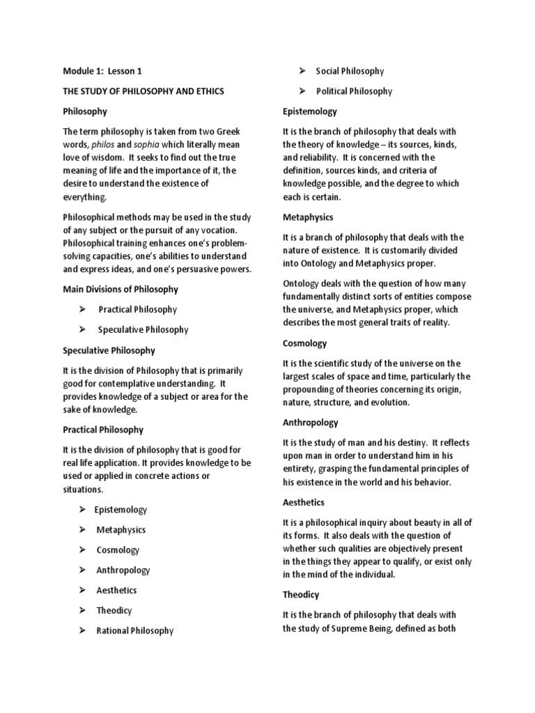 Module 1: Lesson 1 The Study of Philosophy and Ethics Philosophy ...