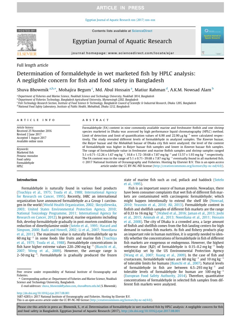 Bhowmik.2017. Determination of Formaldehyde in Wet Marketed Fish by ...