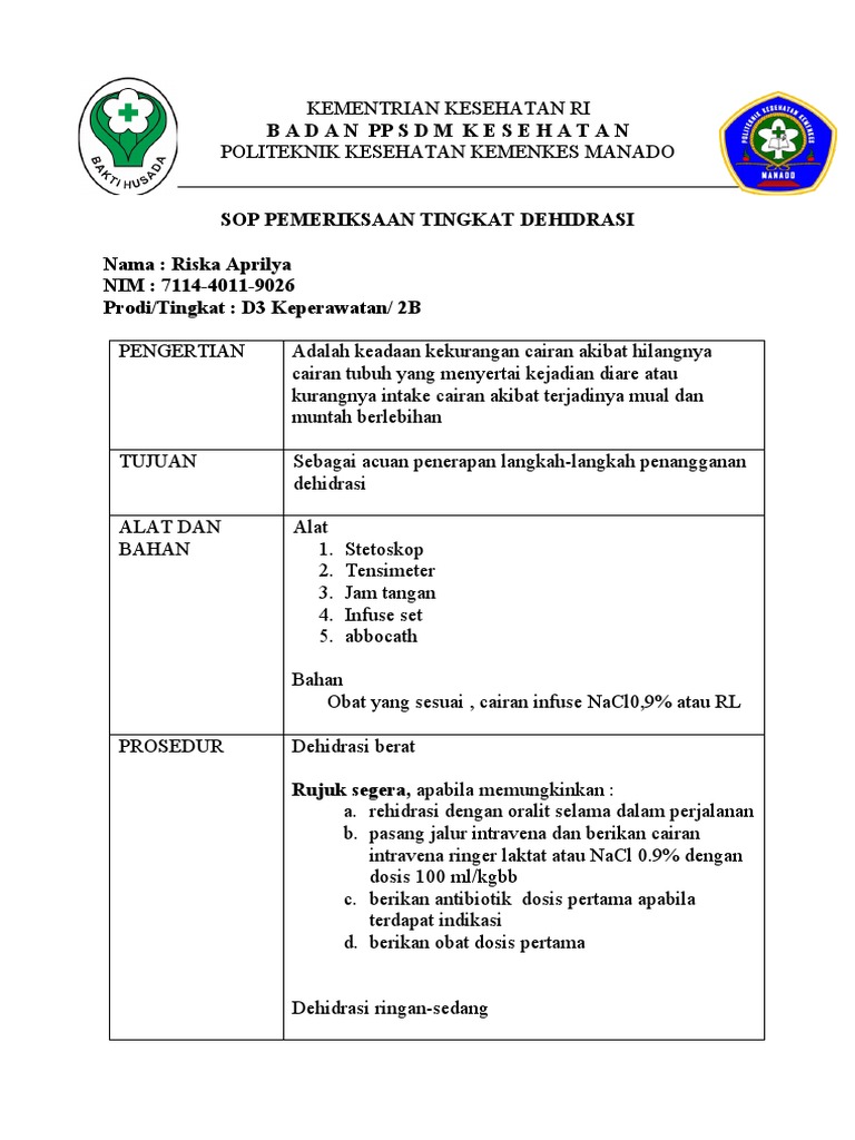 SOP Pemberian Terapi Rehidrasi Berdasarkan Tingkat Dehidrasi | PDF