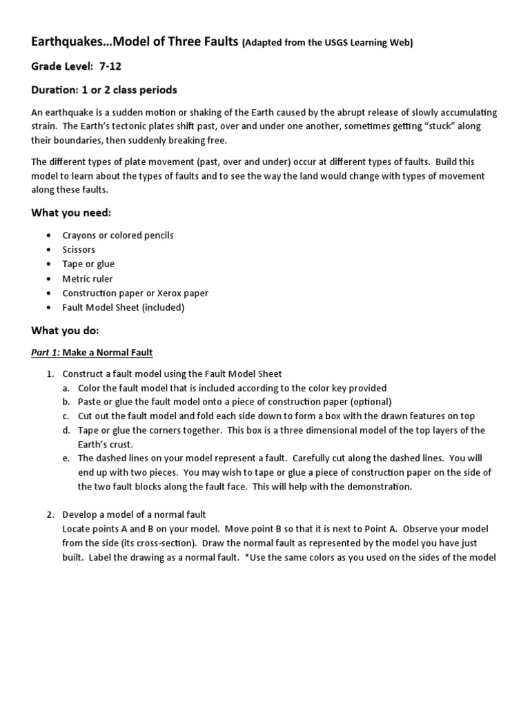 Earthquakes Model of Three Faults: Grade Level: 7-12 Duration: 1 or 2 ...