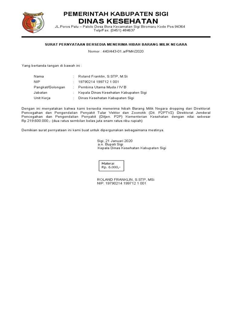 2 - Surat Pernyataan Bersedia Menerima Hibah Dinkes - Pakai Kop Surat (1) Sunardi Kemenkes | PDF