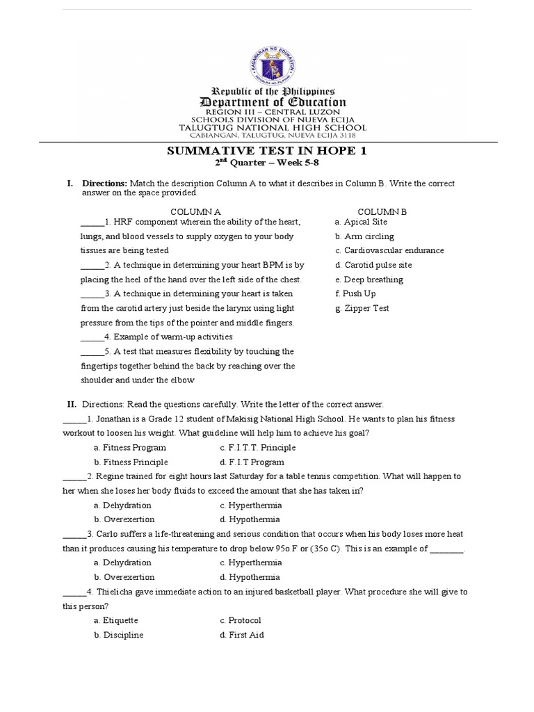 Summative Test in Hope 1: 2 Quarter - Week 5-8 | PDF | Heart | Hypothermia