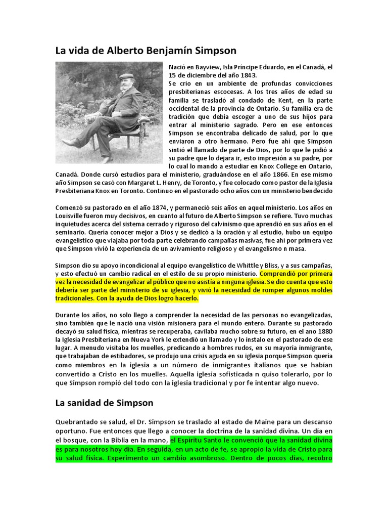 La Vida de Alberto Benjamín Simpson | PDF | Misionero | Evangélico