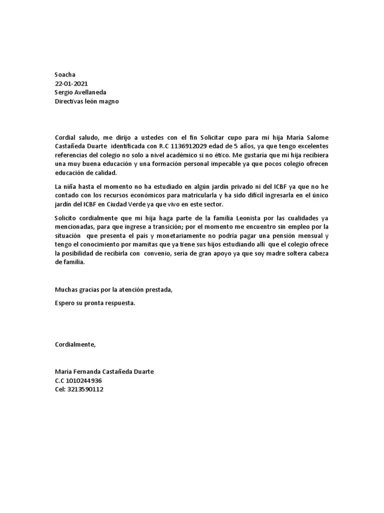 Carta Solicitud Cupo | PDF