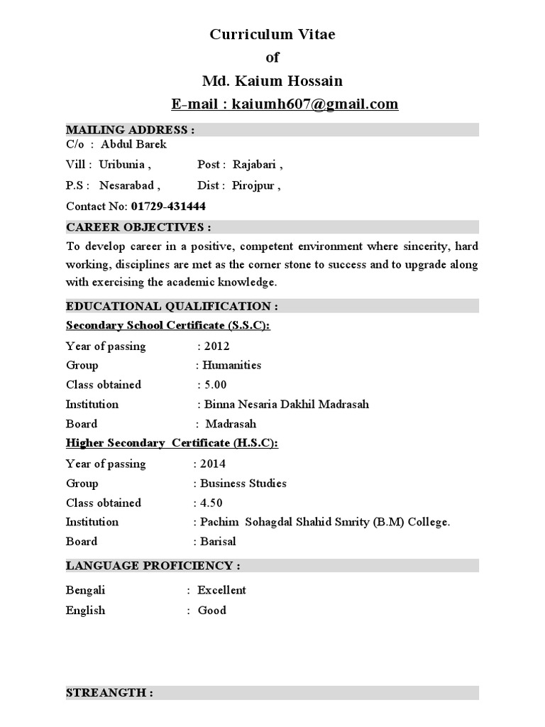 Curriculum Vitae of Md. Kaium Hossain: Mailing Address | PDF