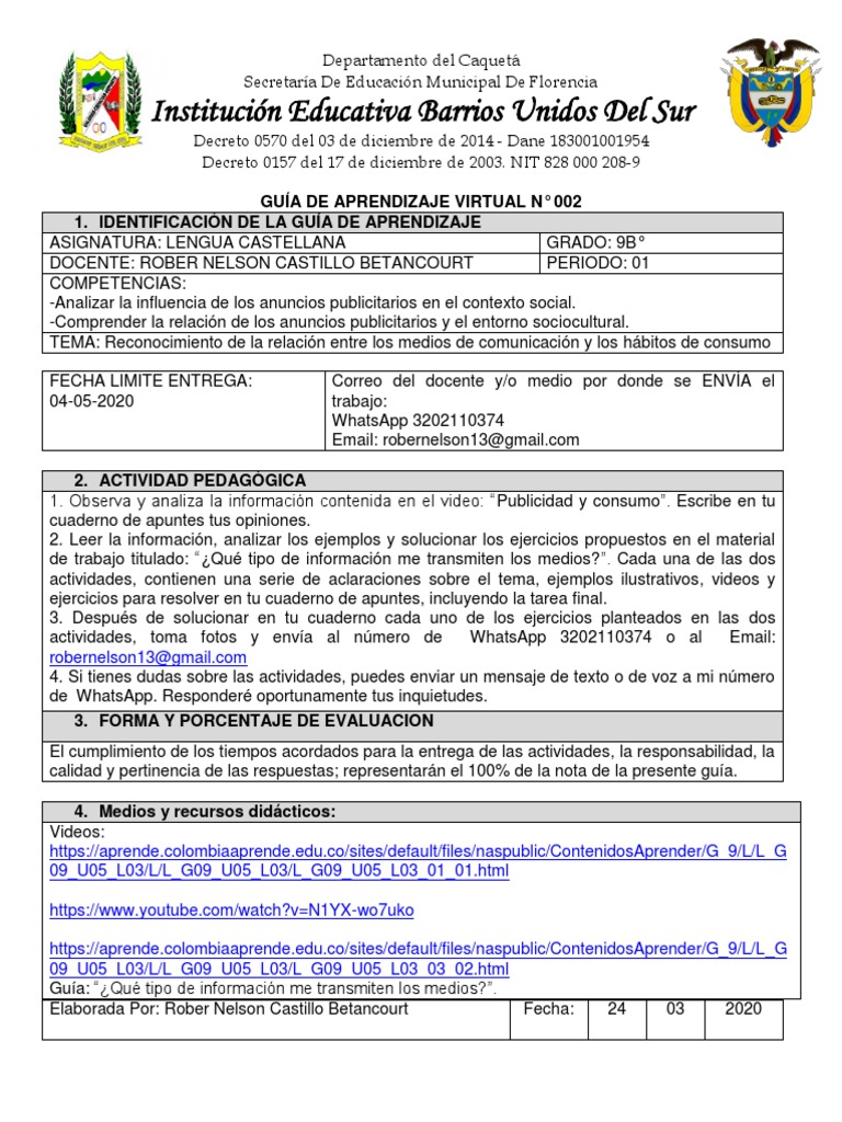 Guia Aprendizaje Virtual 002 Lengua Castellana Grado 9B | PDF | Publicidad | Consumo (economía)