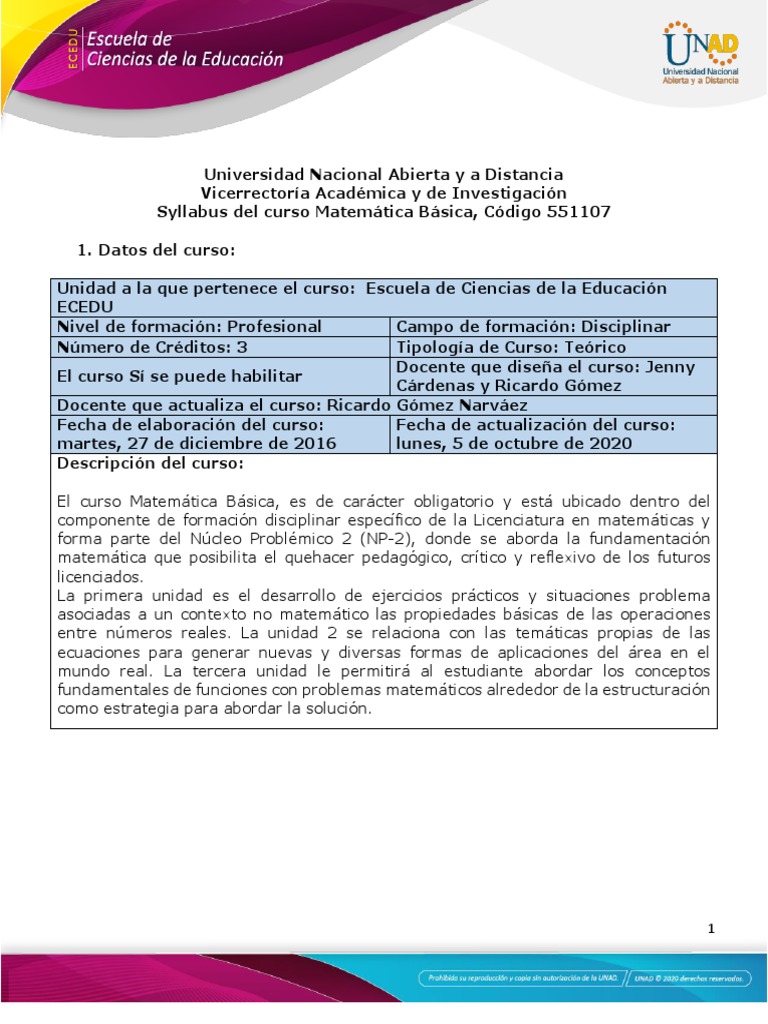 Syllabus Del Curso Matemática Básica - Código 551107 | PDF | Evaluación ...