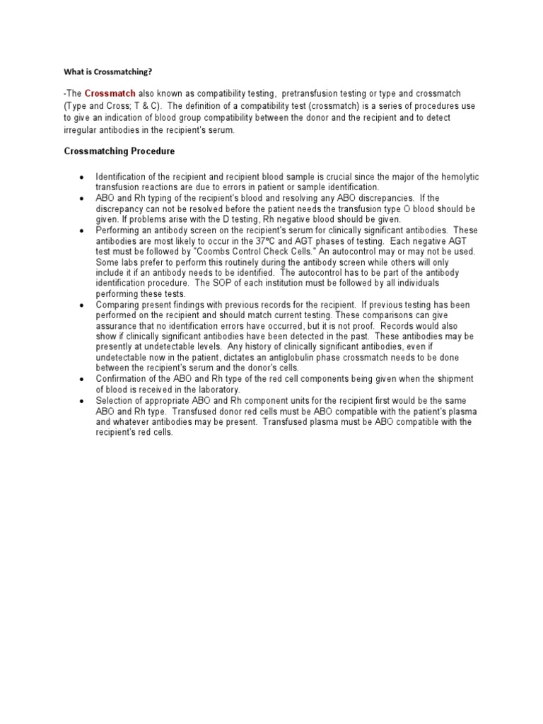 Crossmatch: What Is Crossmatching? | PDF | Blood Type | Blood Transfusion