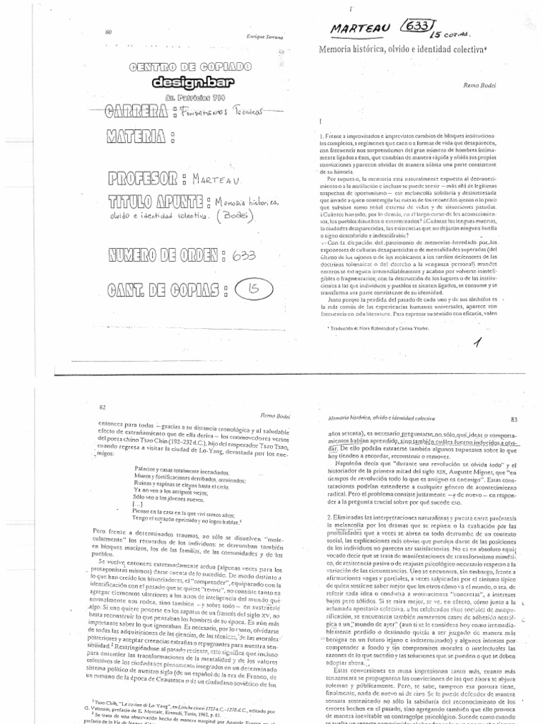 BODEI - Memoria Historica, Olvido e Identidad Colectiva | PDF