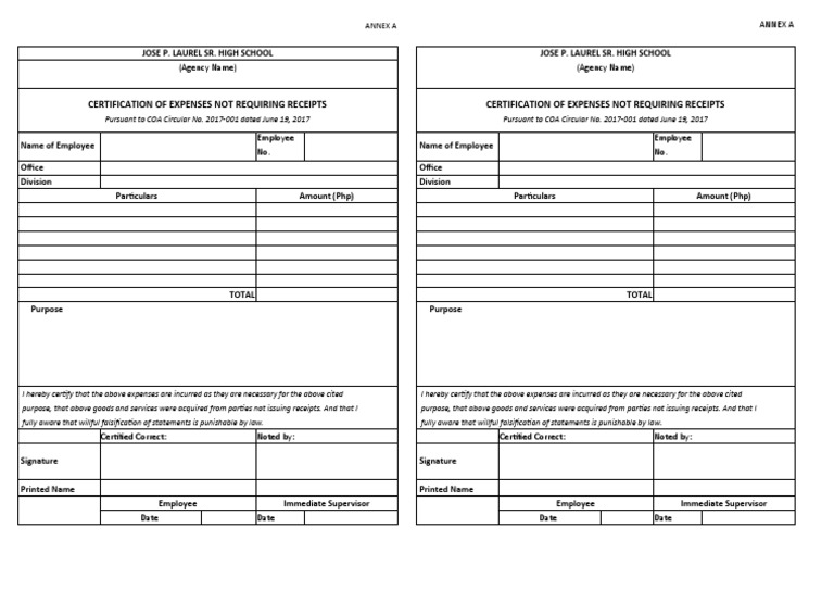 Certificate of Expenses Not Requiring Receipts Cerr | PDF | Government ...
