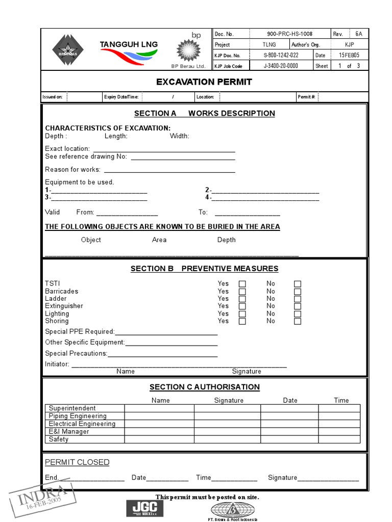 Excavation Permit and Guidelines for the Tangguh LNG Project in Berau, Indonesia | PDF | Civil ...