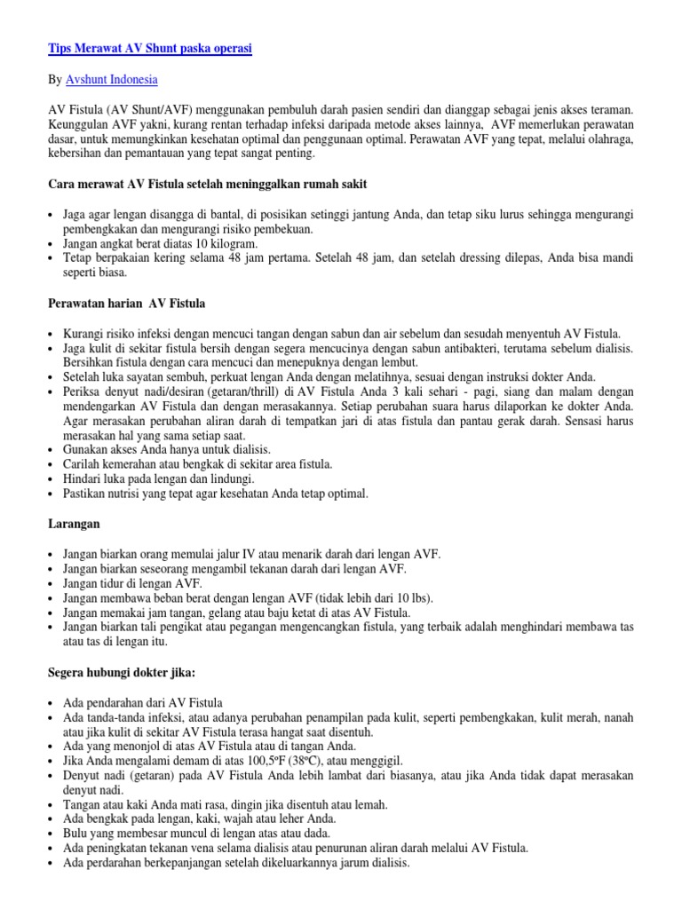 Tips Merawat AV Shunt Paska Operasi Dan Harian | PDF