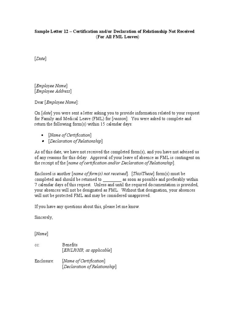 Sample Letter 12 - Certification And/or Declaration of Relationship Not ...