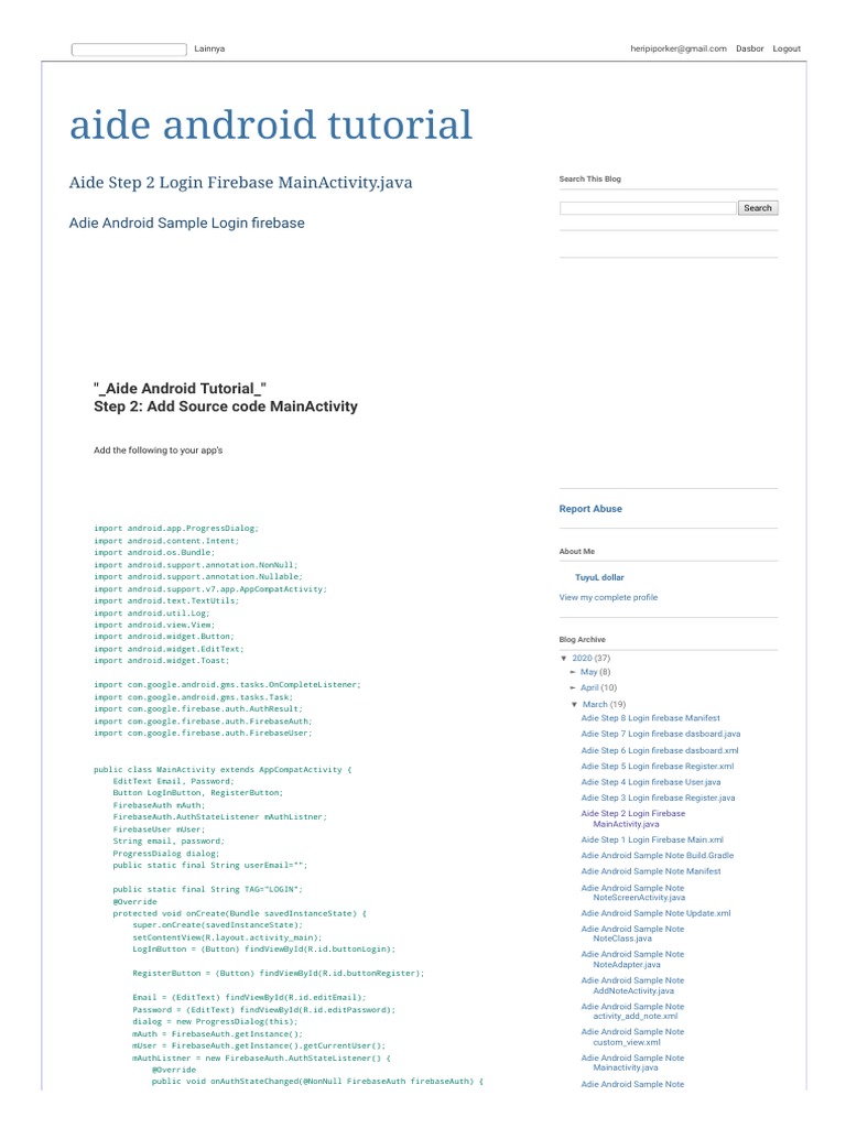 Aide Android Tutorial Aide Step 2 Login Firebase Mainactivity Java Pdf Android Operating
