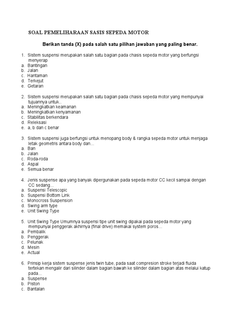 Soal Pemeliharaan Sasis Sepeda Motor | PDF