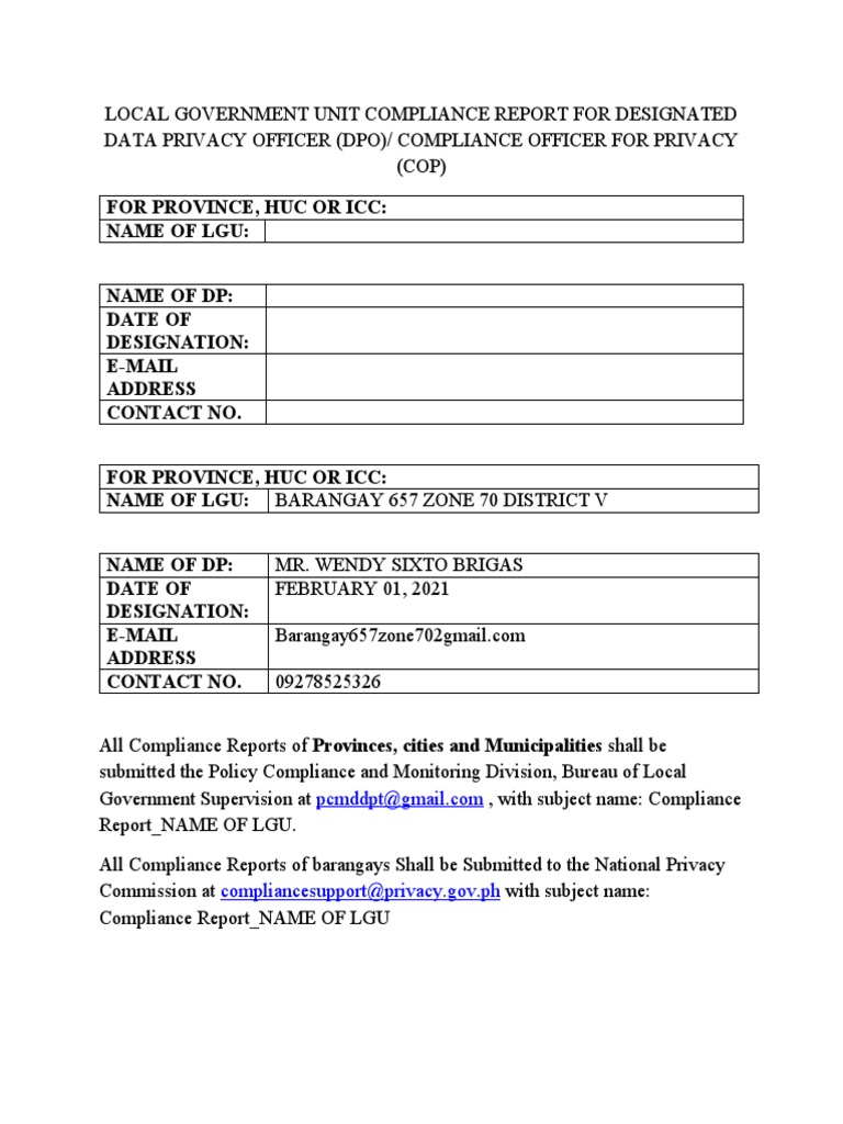 Local Government Unit Compliance Report For Designated Data Privacy ...