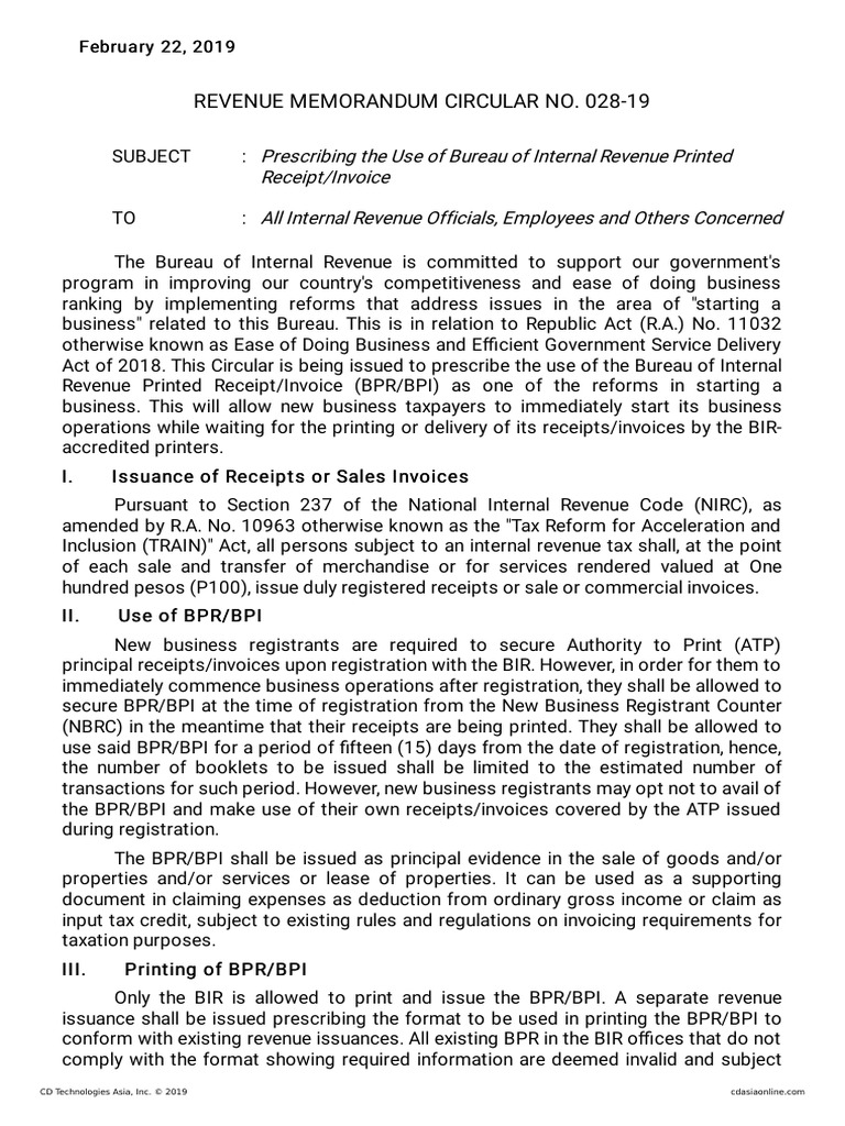 Revenue Memorandum Circular No. 028-19 | PDF | Invoice | Receipt