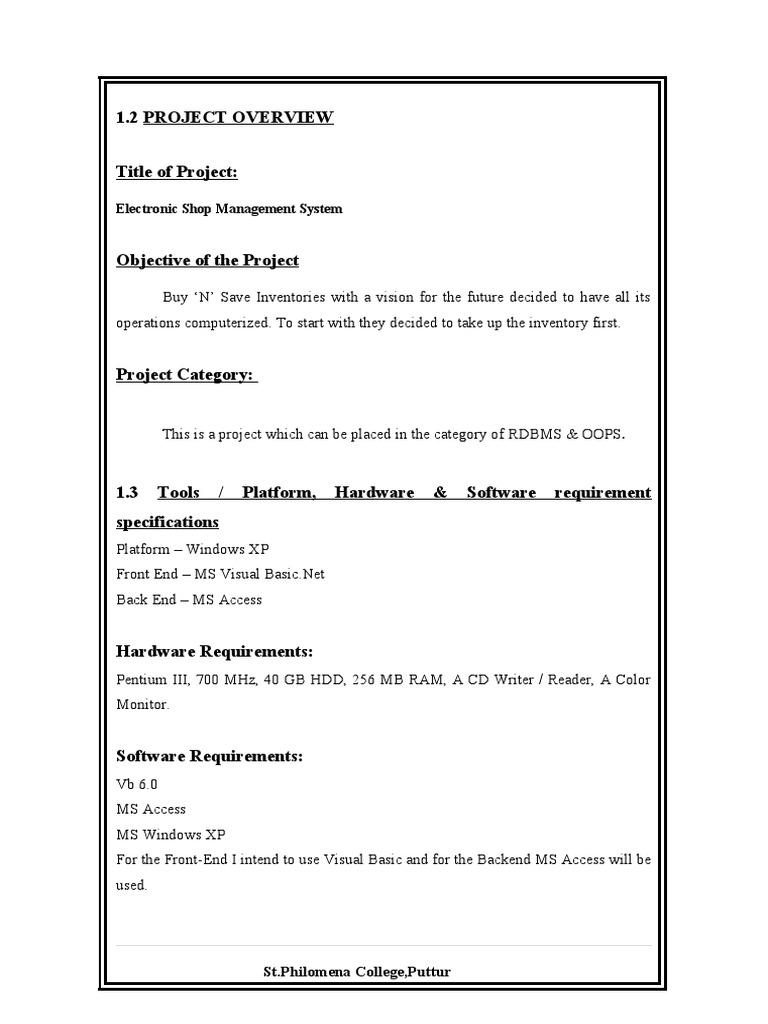 1.2 Project Overview Title of Project:: Electronic Shop Management ...