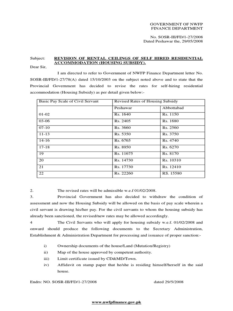 Revision of Rental Ceilings of Self Hired Residential Accommodation ...