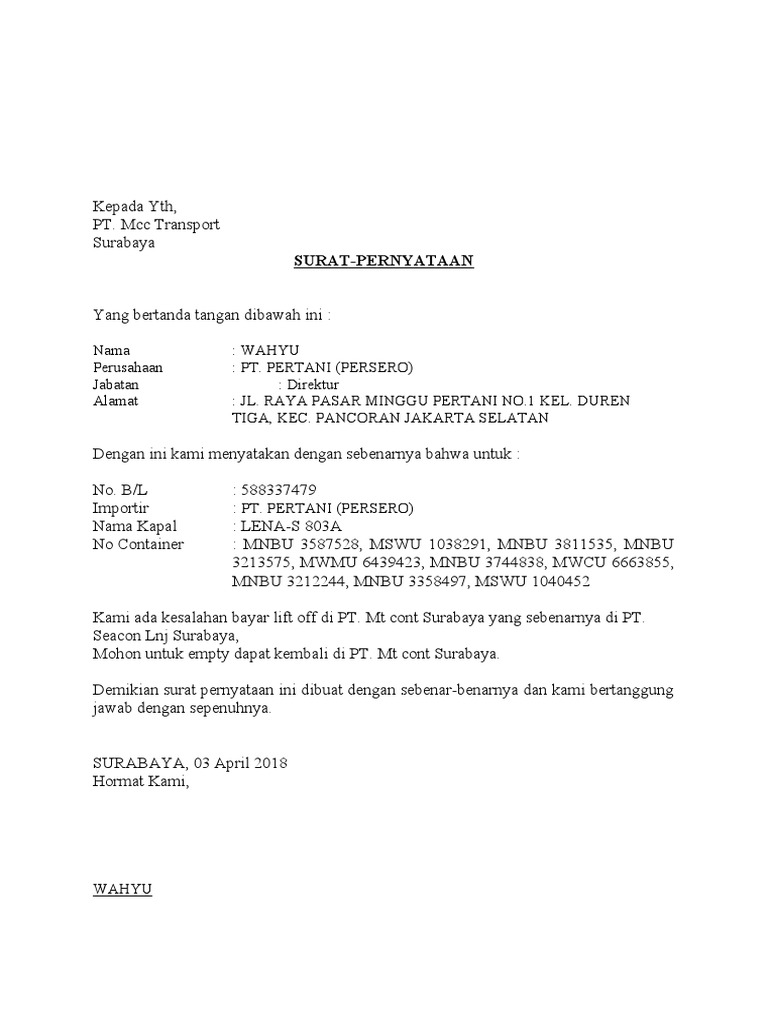 Surat Pernyataan Salah Empty Kembali Didepo Aju 190 | PDF