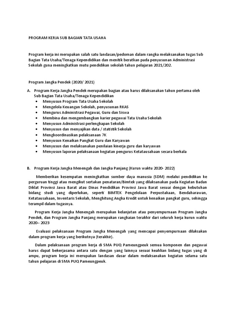 Program Kerja Sub Bagian Tata Usaha | PDF