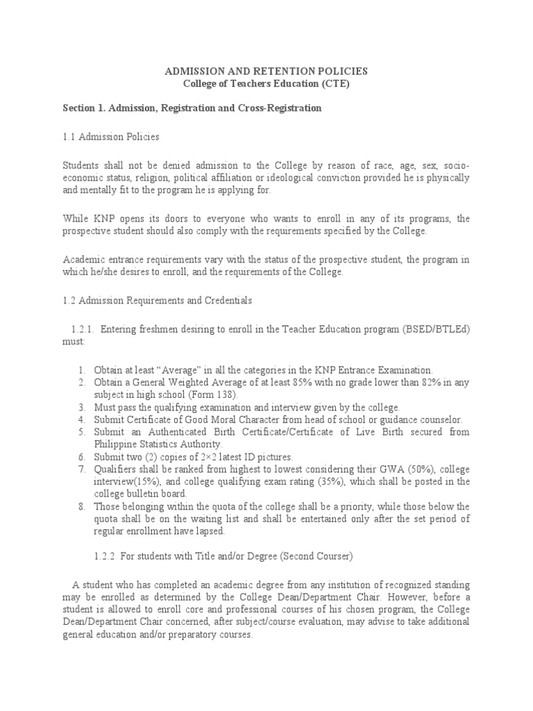 Admission and Retention Policies Overview | PDF | University And ...