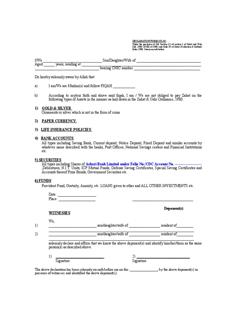 Zakat Declaration Form CZ50 | PDF | Securities (Finance) | Banks