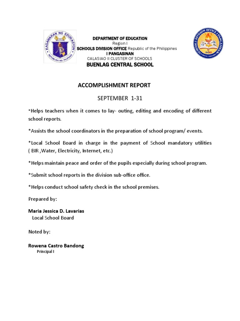 Monthly Accomplishment Report: School | PDF | Further Education | Business