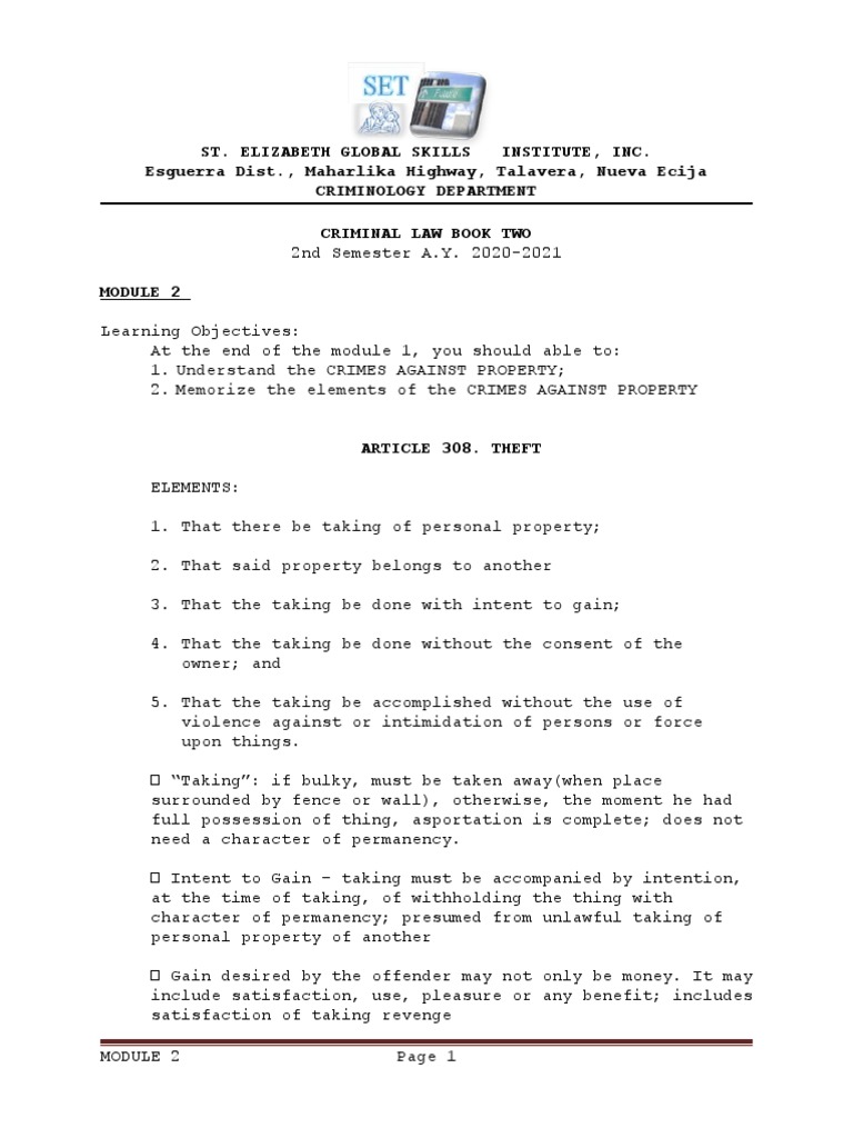 Crim 2 Module 2 Atty A.D.G. | PDF | Theft | Robbery